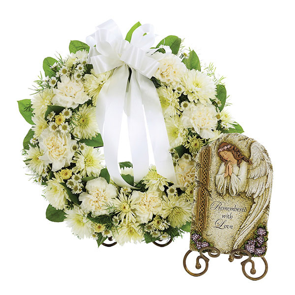 Small Open Round Tabletop Wreath w/Remembered Plaque - All White for ...